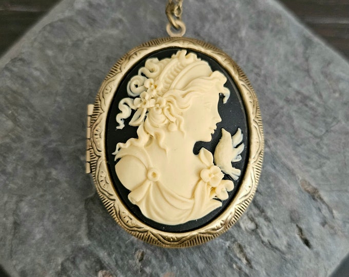 Black Cameo Locket, Long Necklace, Large Locket, Antique Brass Locket ...