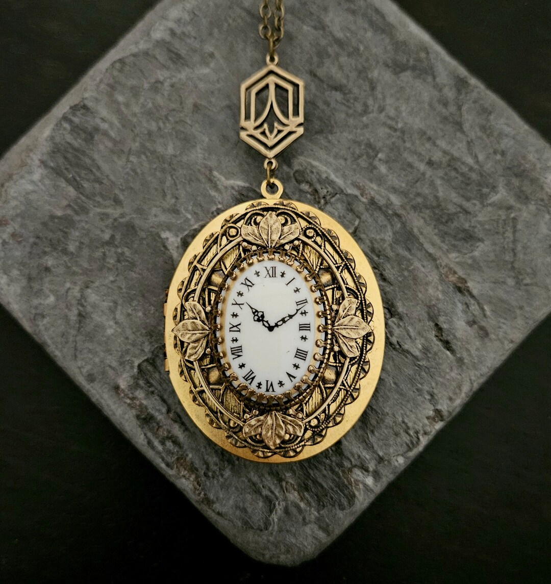 Art Deco Clock Locket, Oval Cameo Locket, Large Locket Necklace ...