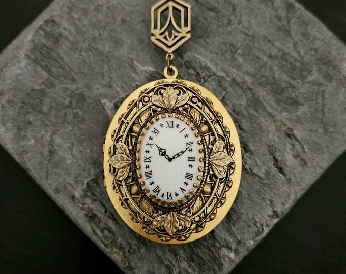 Art Deco Clock Locket, Oval Cameo Locket, Large Locket Necklace ...