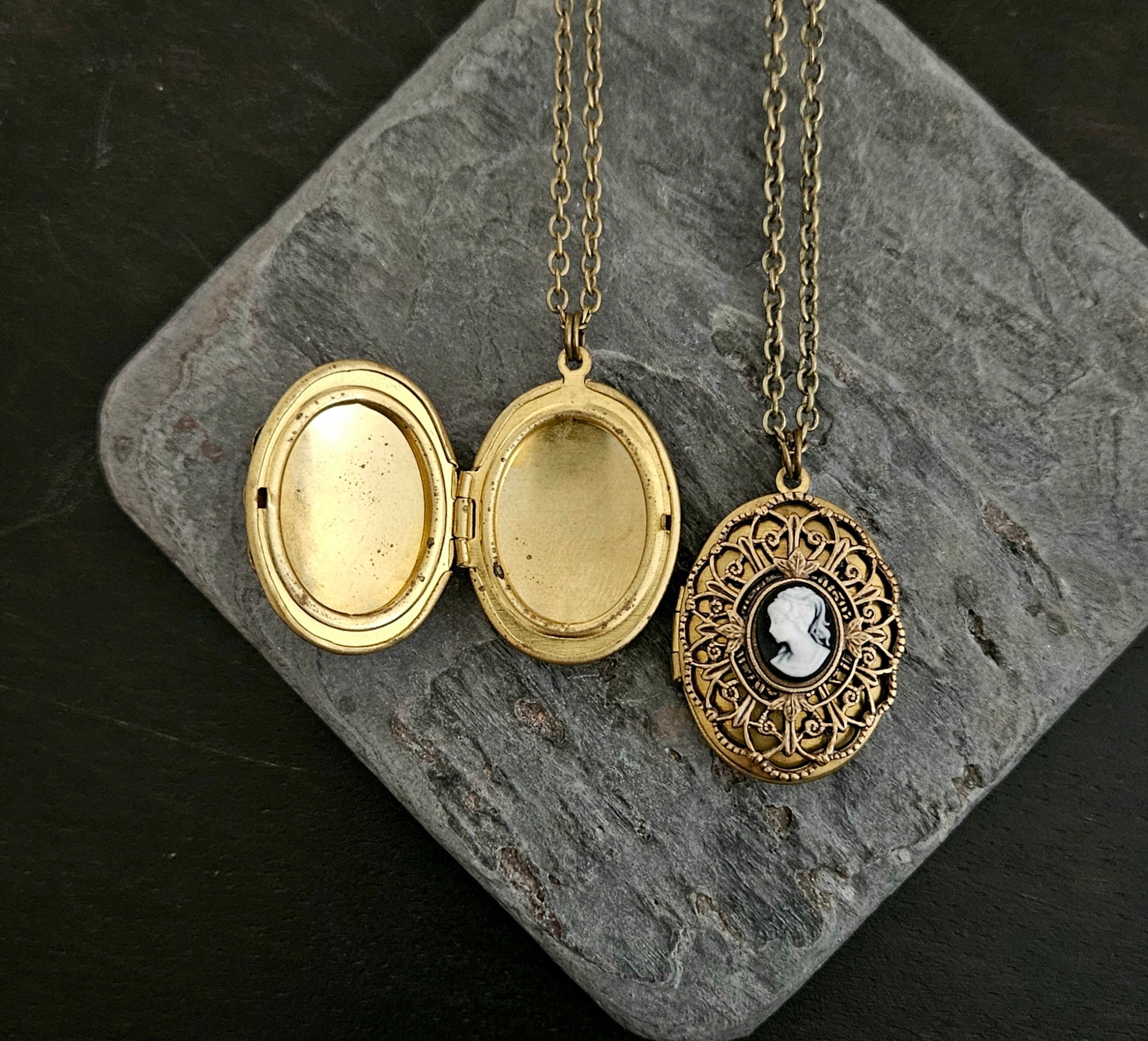 Small Cameo Locket, Black Cameo Locket, Green Cameo Locket, Filigree ...