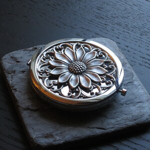 Sunflower Compact Mirror, Silver Compact Mirror, Flower Compact ...
