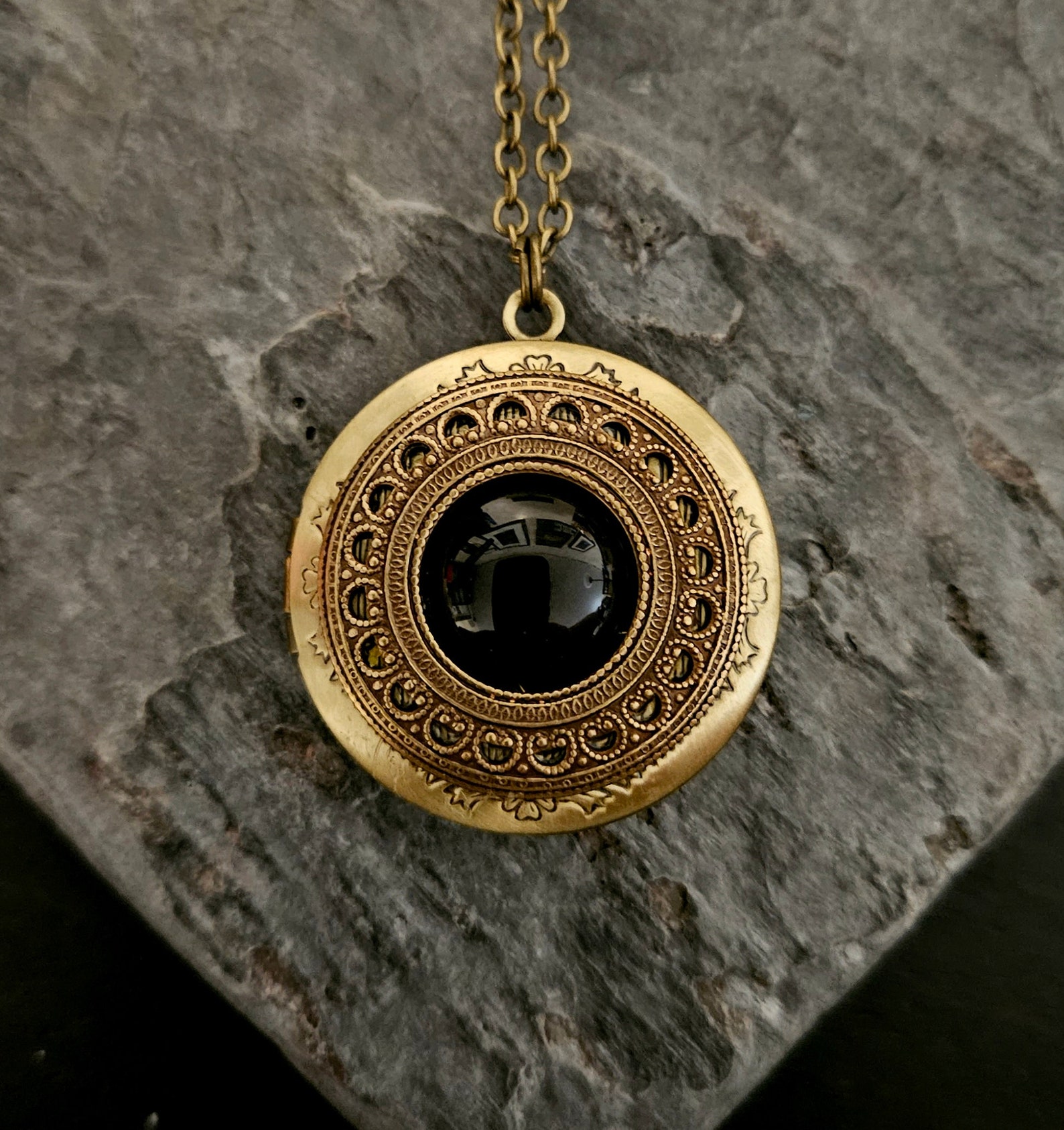 Onyx Locket, Black Gemstone Locket, Onyx Jewelry, Black Locket, Bronze ...
