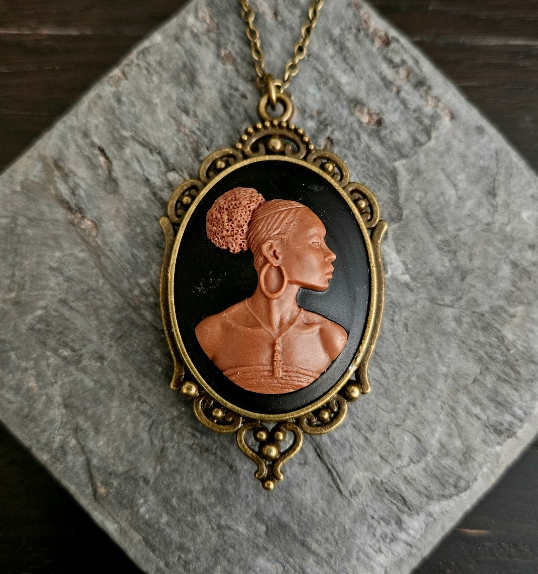 African Cameo Necklace, Black Cameo Necklace, Long Cameo Necklace ...