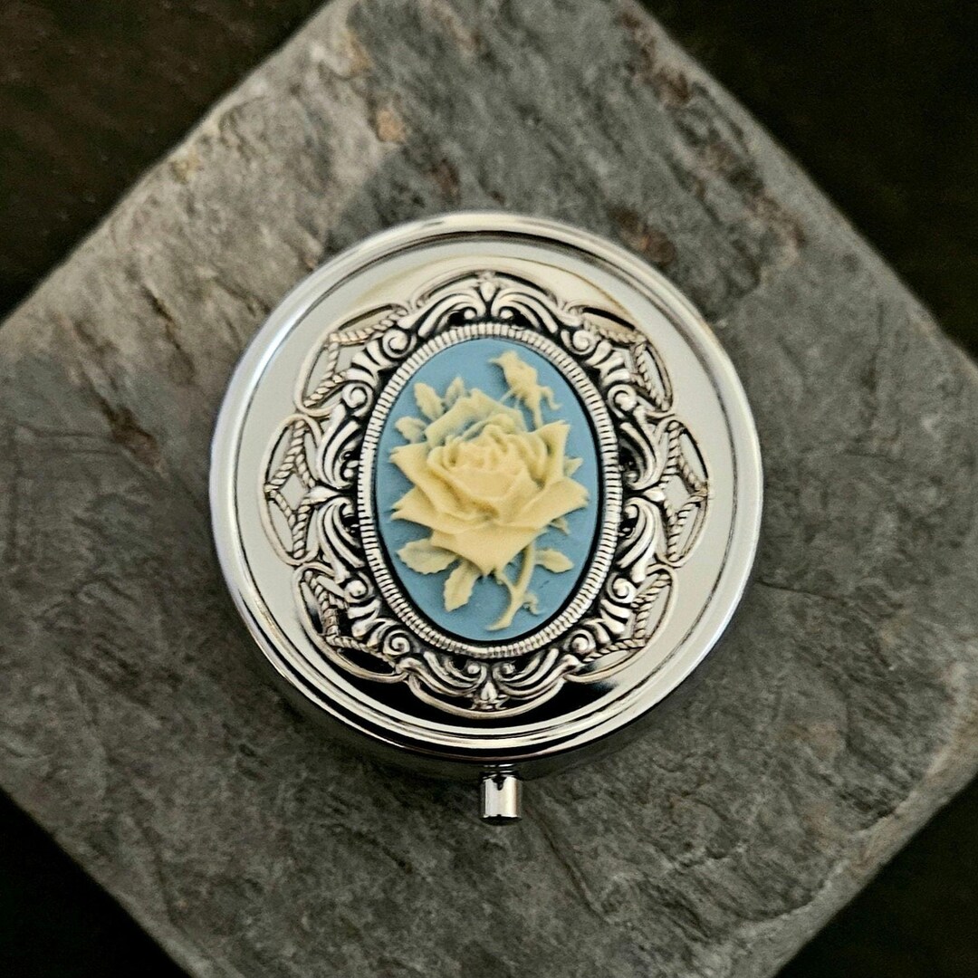 Rose Cameo Pill Box Container, Silver Pill Box, Blue Rose Silver Pill ...