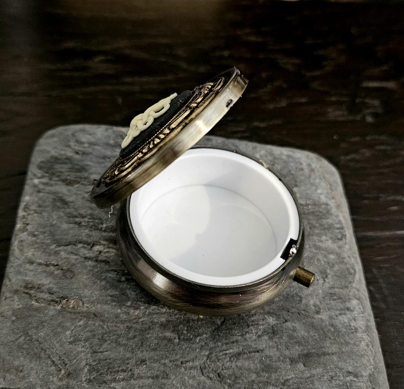 Skeleton Cameo Pill Box, Antique Brass Pill Box, Halloween Pill Box ...