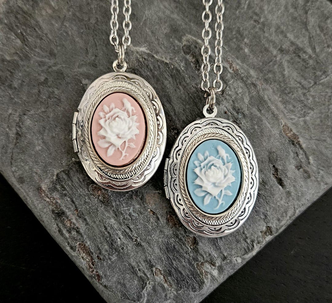 Rose Cameo Locket, Blue Locket, Pink Locket, Antique Silver Locket ...