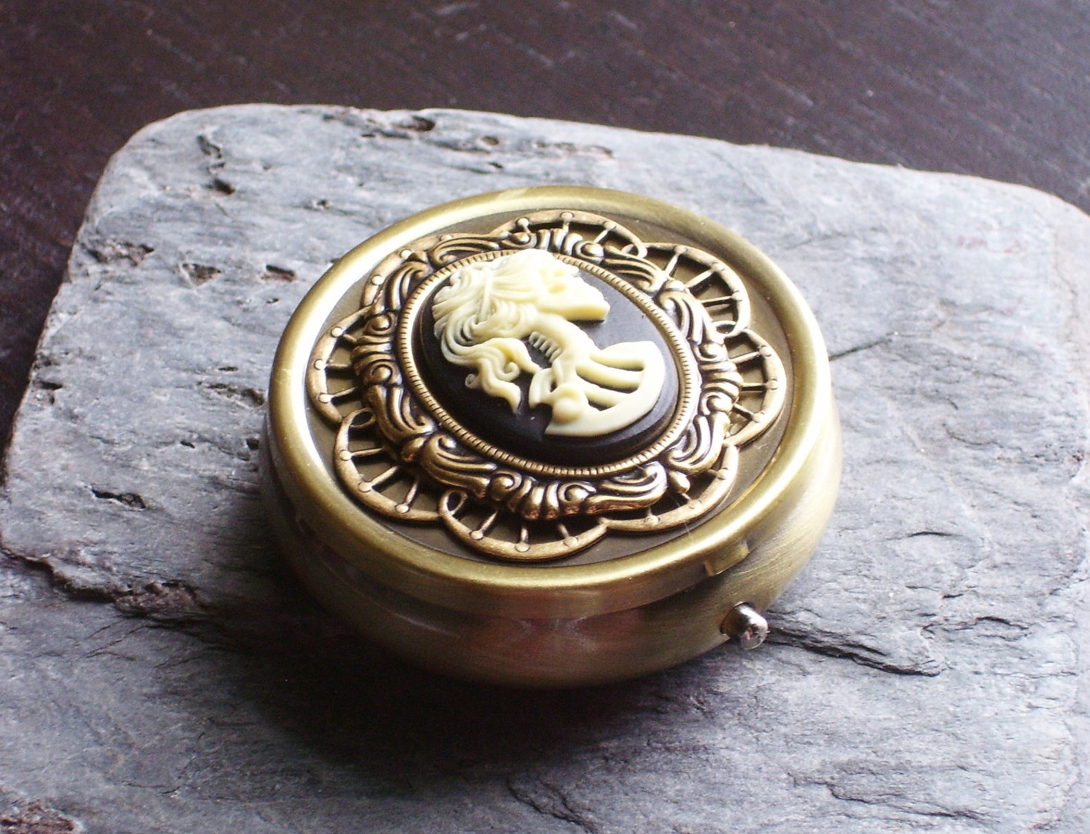 Skeleton Cameo Pill Box Antique Brass Pill Box Halloween - Etsy