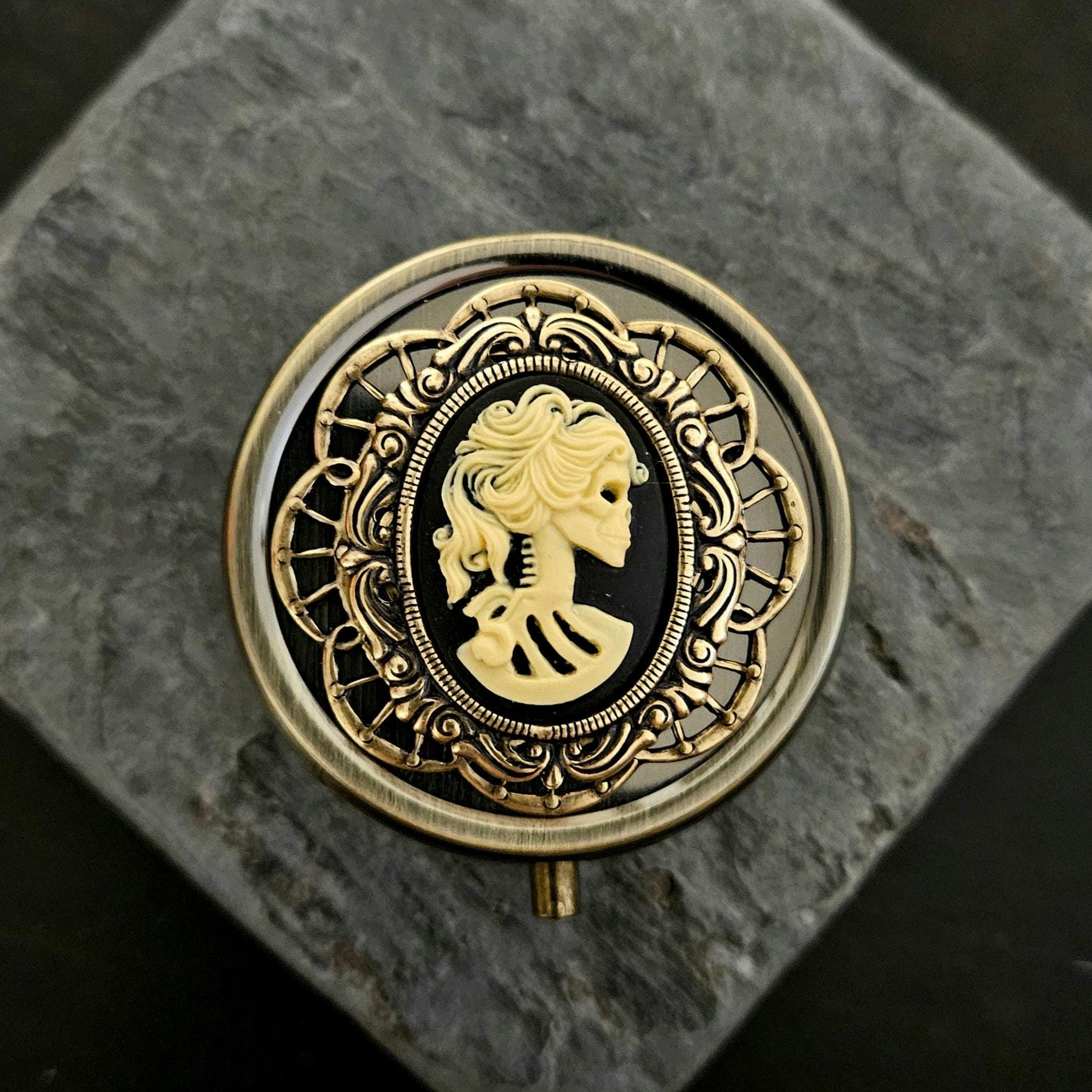 Skeleton Cameo Pill Box, Antique Brass Filigree, Halloween Gift - Etsy