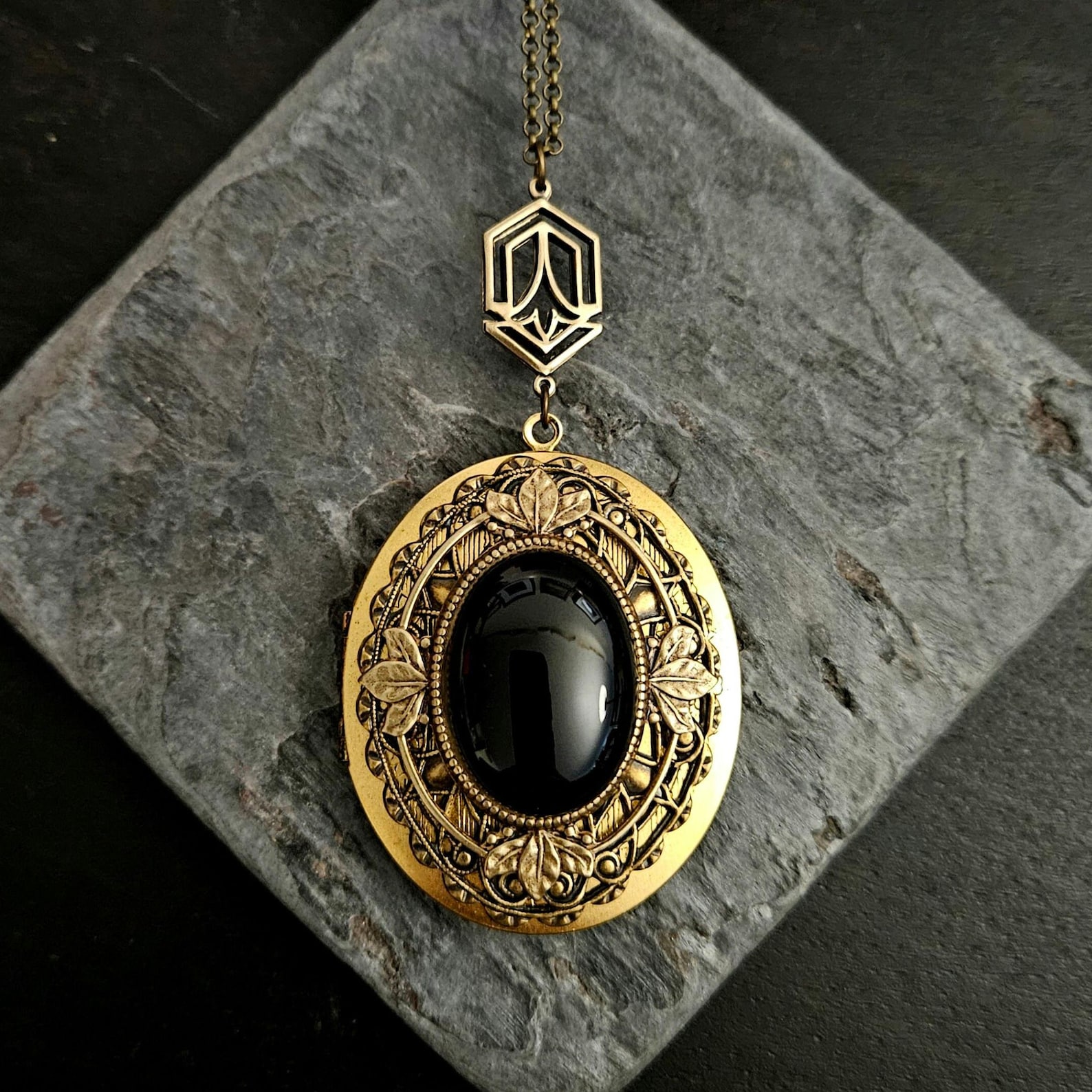Art Deco Oval Onyx Locket Necklace, Antiqued Brass - Etsy