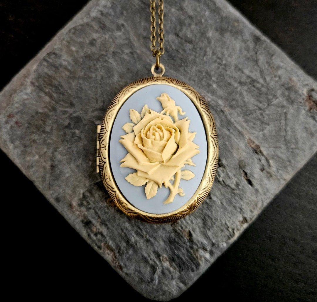 Rose Cameo Locket, Blue Rose Cameo Necklace, Blue Cameo, Large Locket ...