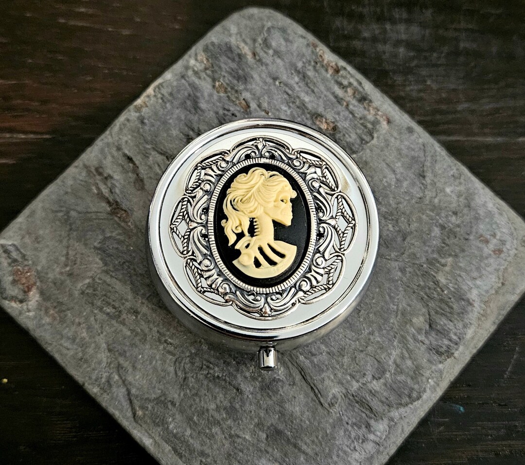 Skeleton Cameo Pill Box, Silver Pill Box, Halloween Pill Box, Sugar ...
