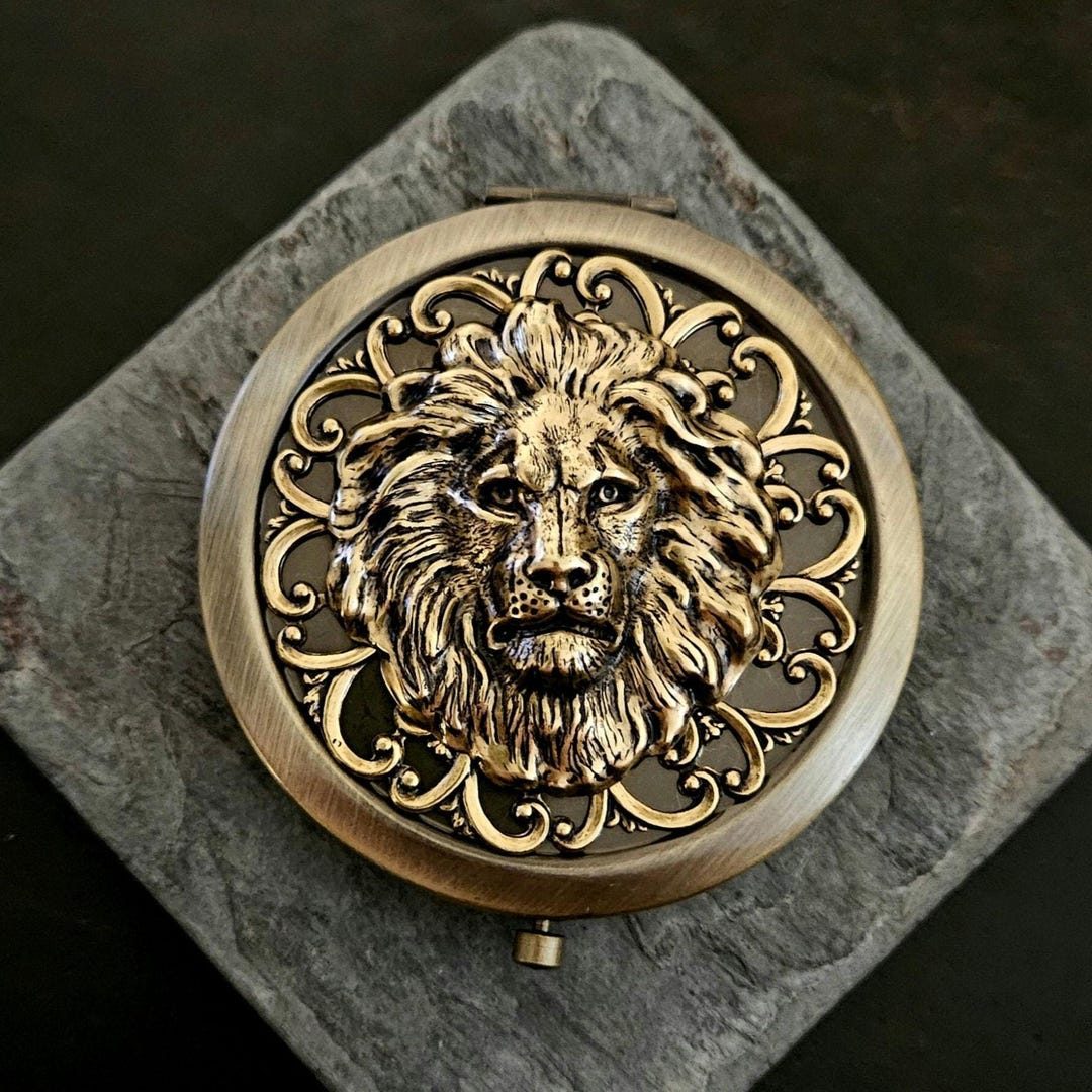 Lion Compact Mirror, Antique Brass Compact, Leo Compact Mirror, Bronze ...