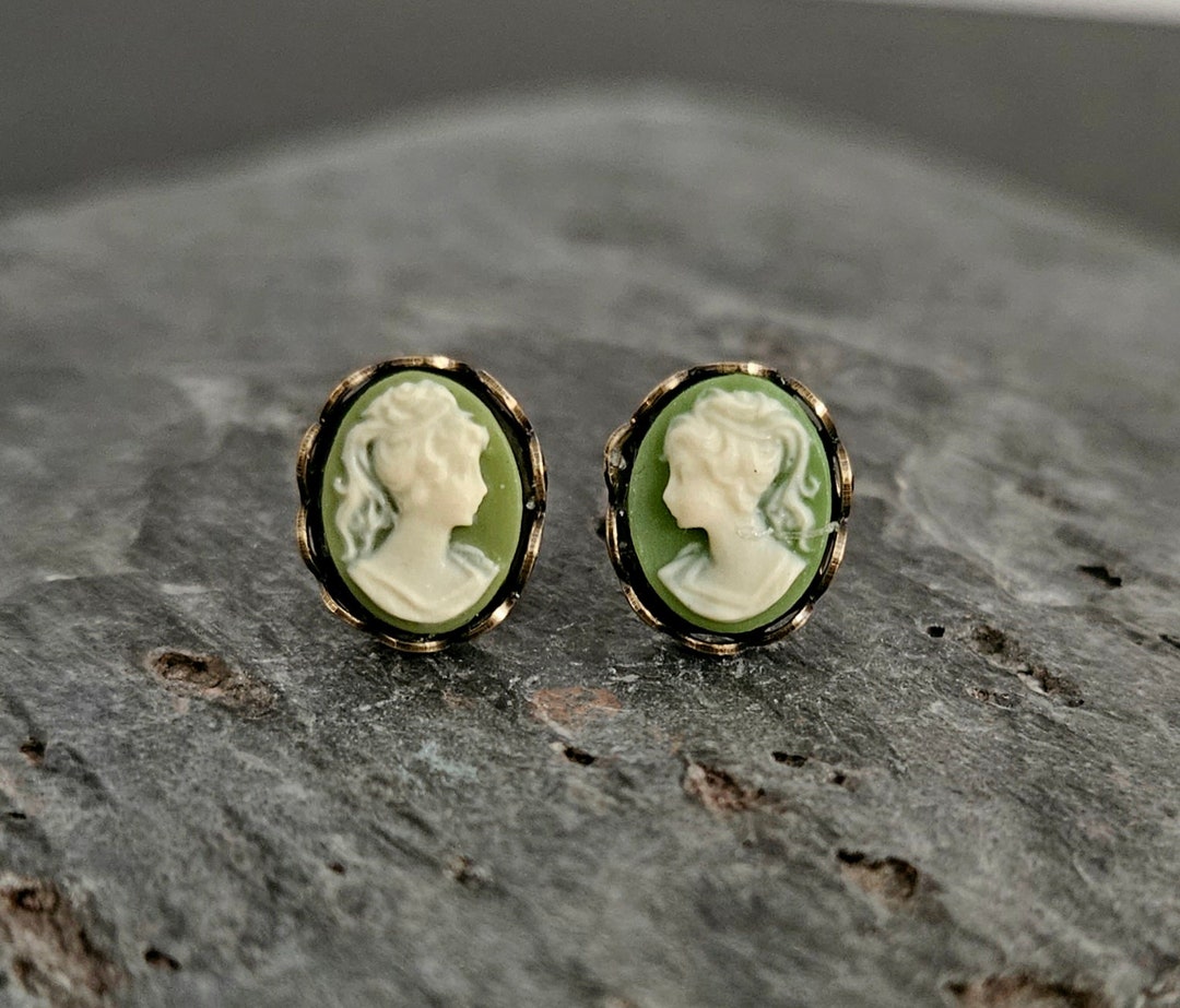 Cameo Stud Earrings, Green Cameo Studs, Tiny Cameo Posts, Irish Cameo ...