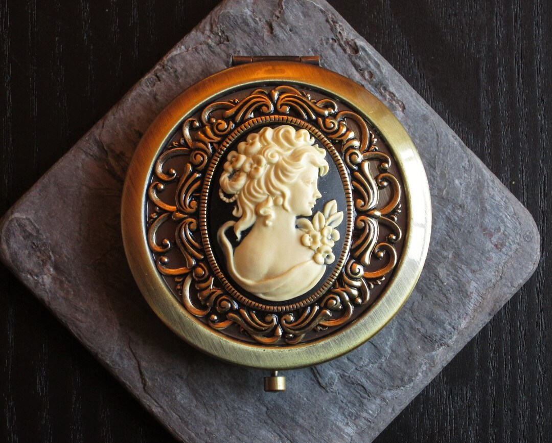 Black Cameo Brass Compact Mirror, Victorian Compact Mirror, Maid of ...