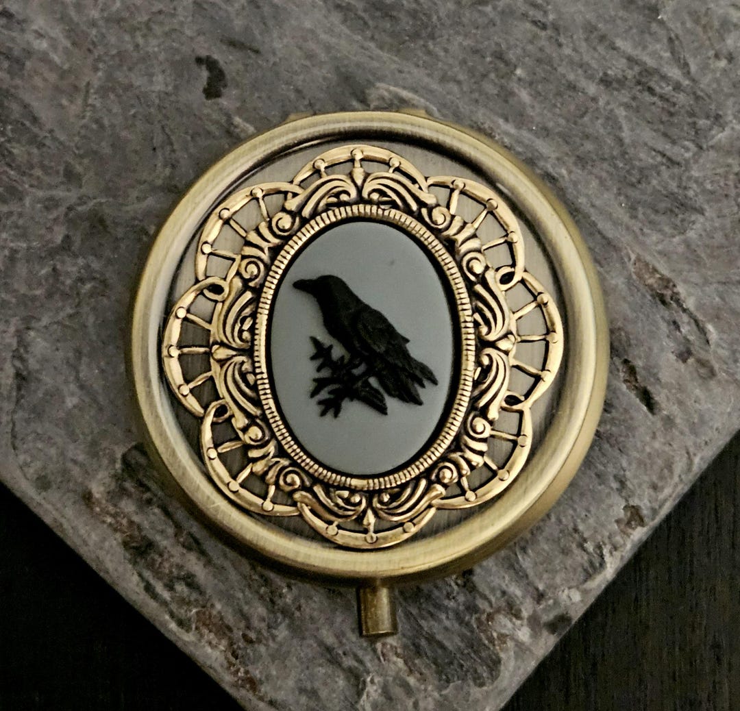 Raven Cameo Pill Box, Antiqued Brass Filigree - Etsy