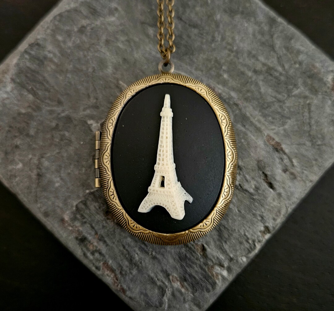 Eiffel Tower Cameo Locket, Antique Brass Locket, French Locket, Long ...