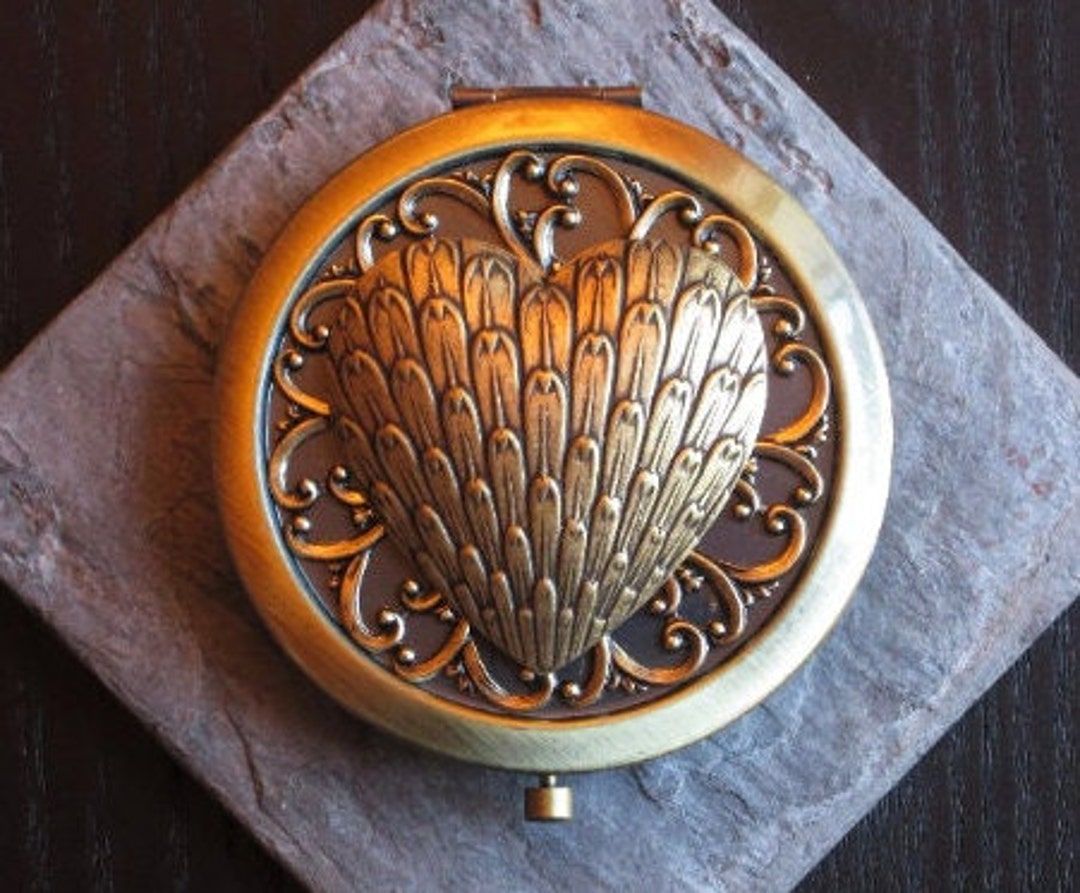Art Deco Heart Compact Mirror, Antique Brass Compact, Heart Compact ...