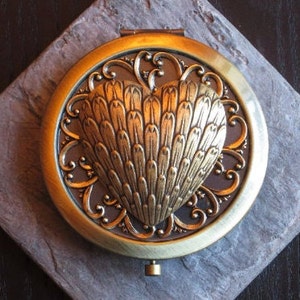 Art Deco Heart Compact Mirror, Antique Brass Compact, Heart Compact ...