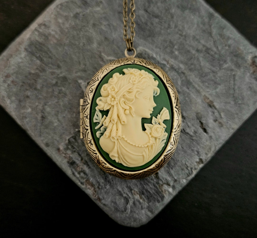 Green Irish Cameo Locket, Antique Brass Long Necklace, Victorian Girl ...