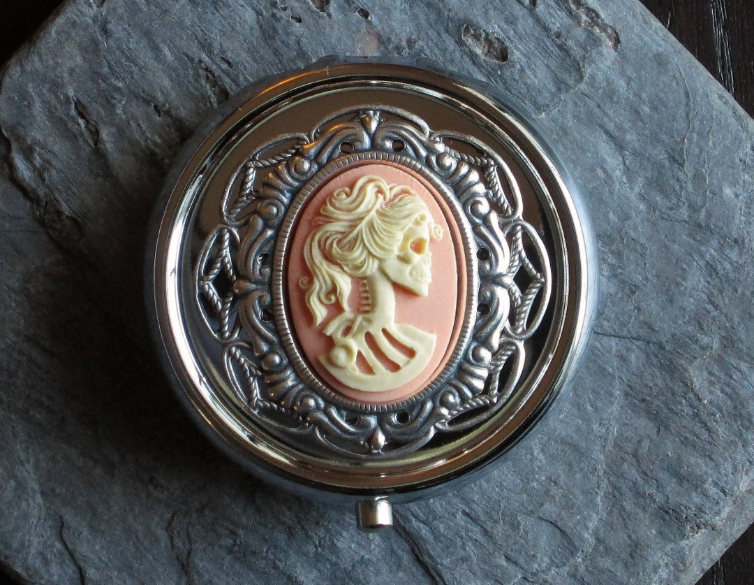 Skeleton Cameo Pill Box, Silver Pill Box, Halloween Pill Box, Sugar ...