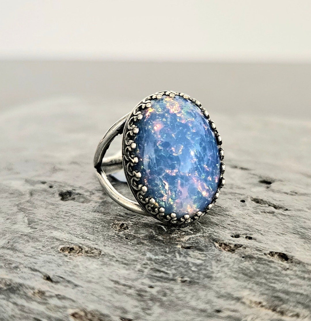 Blue Glass Opal Ring, Silver Opal Ring, Light Blue Stone Ring, Blue ...
