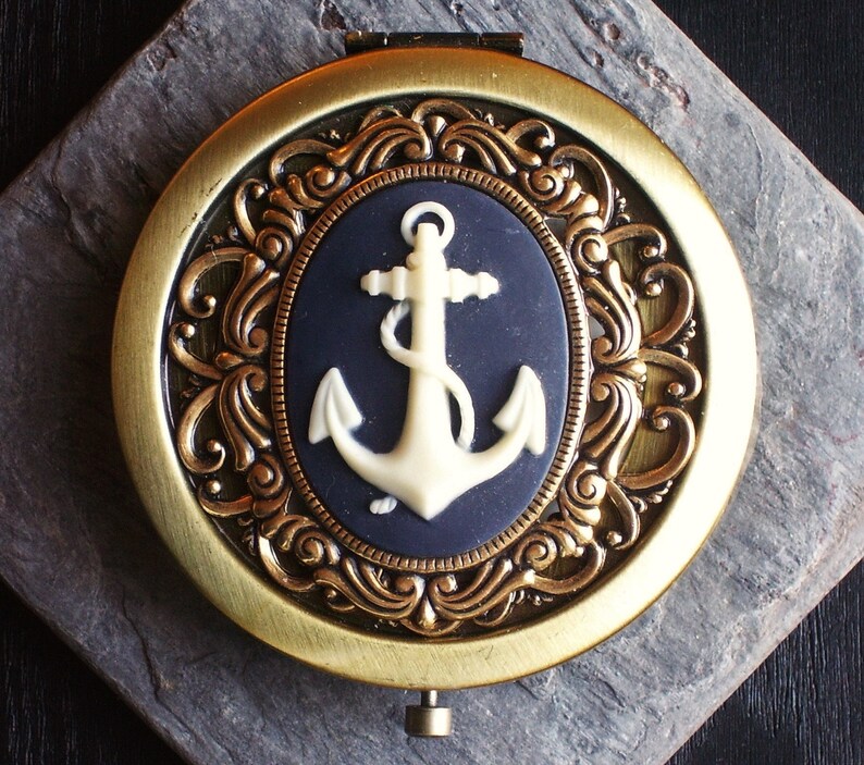 Nautical Anchor Mirror Antique Brass Cameo Compact Mirror - Etsy