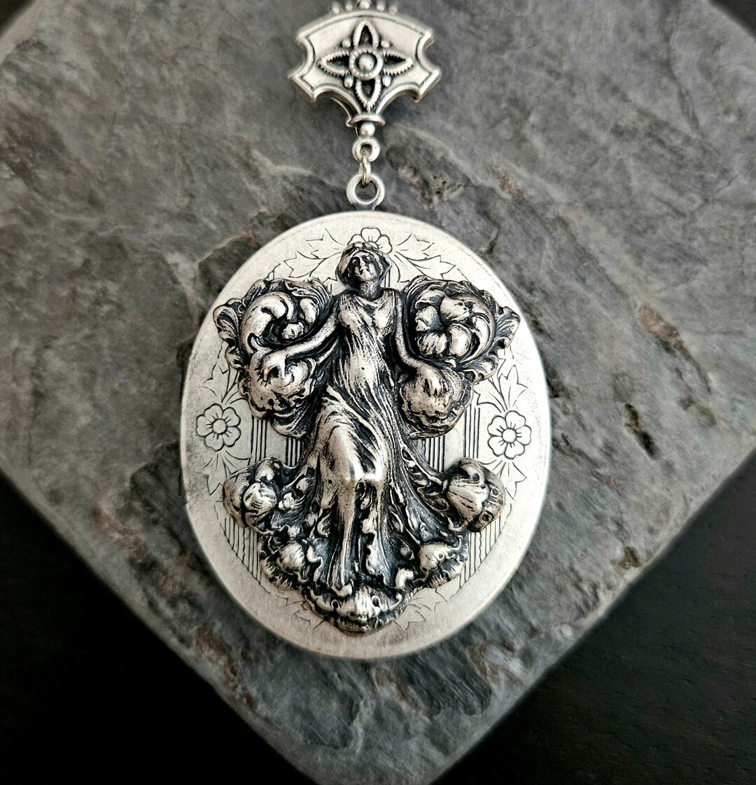 Goddess Locket, Goddess Necklace, Silver Fantasy Locket, Long Necklace ...