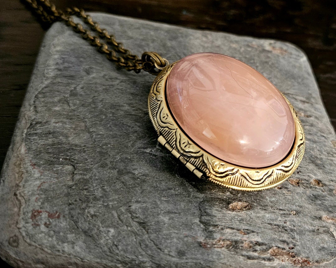 Large Pink Quartz Locket Gemstone Locket Necklace Antique - Etsy
