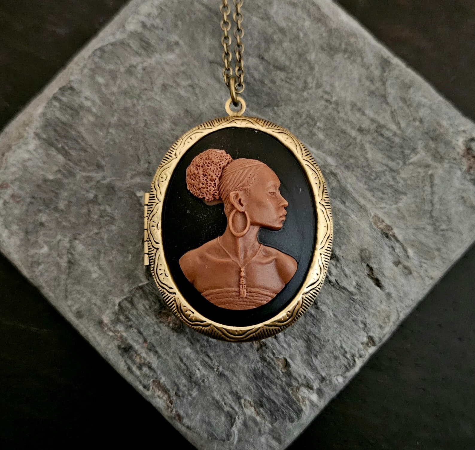 African Cameo Locket, Black Cameo Locket, Antique Brass Locket, African ...