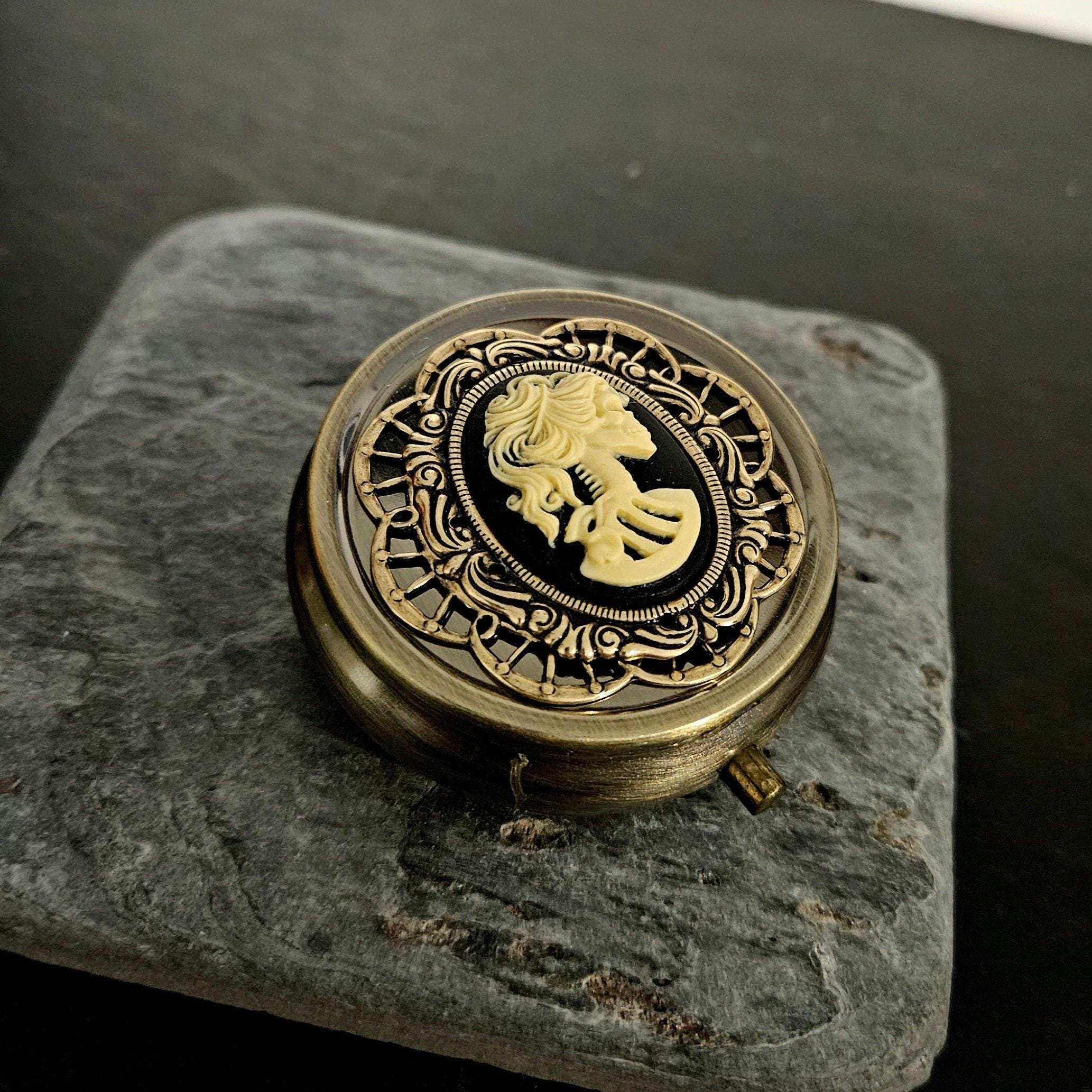 Skeleton Cameo Pill Box, Antique Brass Pill Box, Halloween Pill Box ...