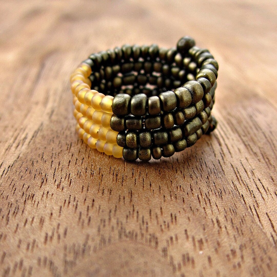Beaded Adjustable Size 7 Wide Unisex Memory Wire Ring in Bronze and ...