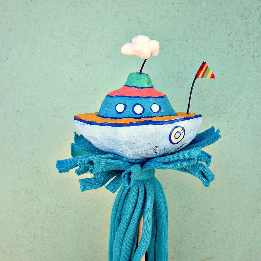 Paper Mache Stick Puppets, Tugboat and Dog Storytime Prop Decor Accents ...