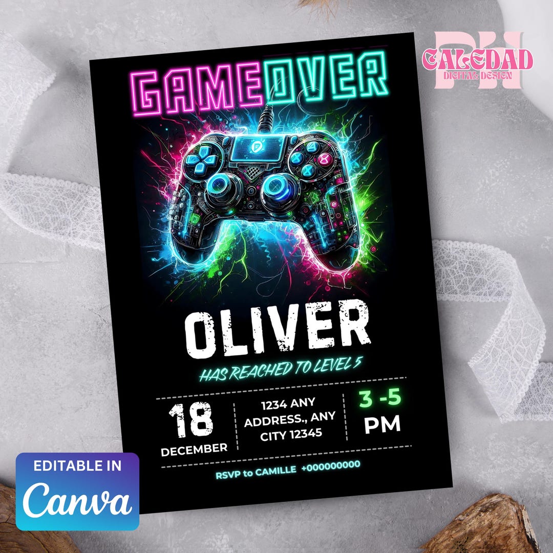 Editable Game Over Birthday Invitation, Gaming Console Invite, Canva ...