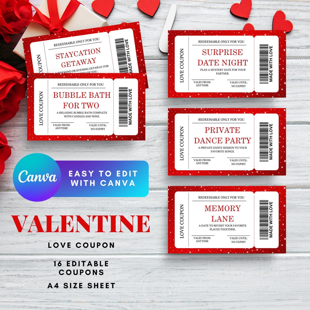 Printable Valentine Love Coupon Book for Her for Him, Customizable ...