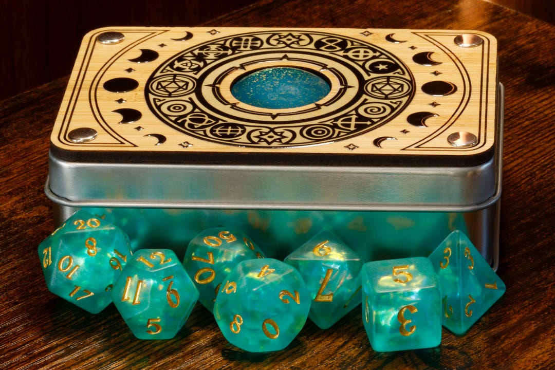 Celestial Dice Box and Dice Set, Seafoam Green Holographic Inclusions ...