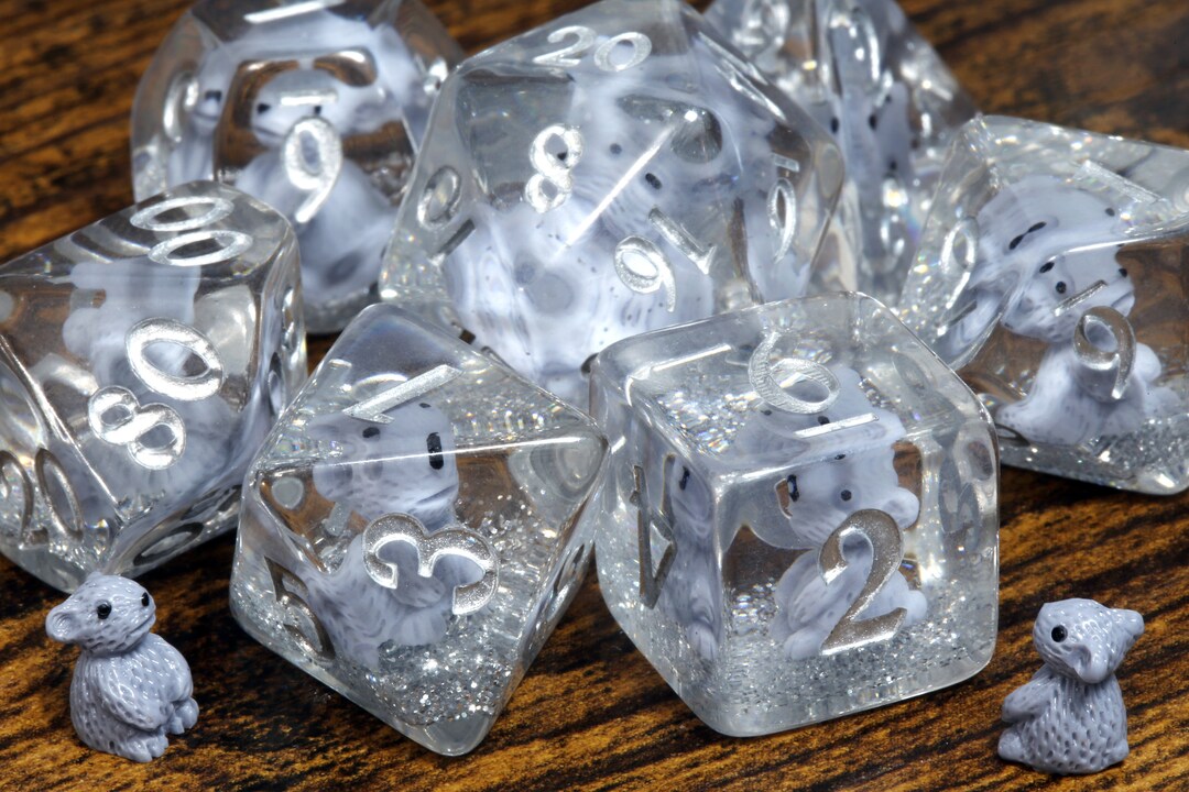 Mouse Dice Set, Transparent With Little Mice Inside on a Silver Layer, Role Playing Games Dice ...