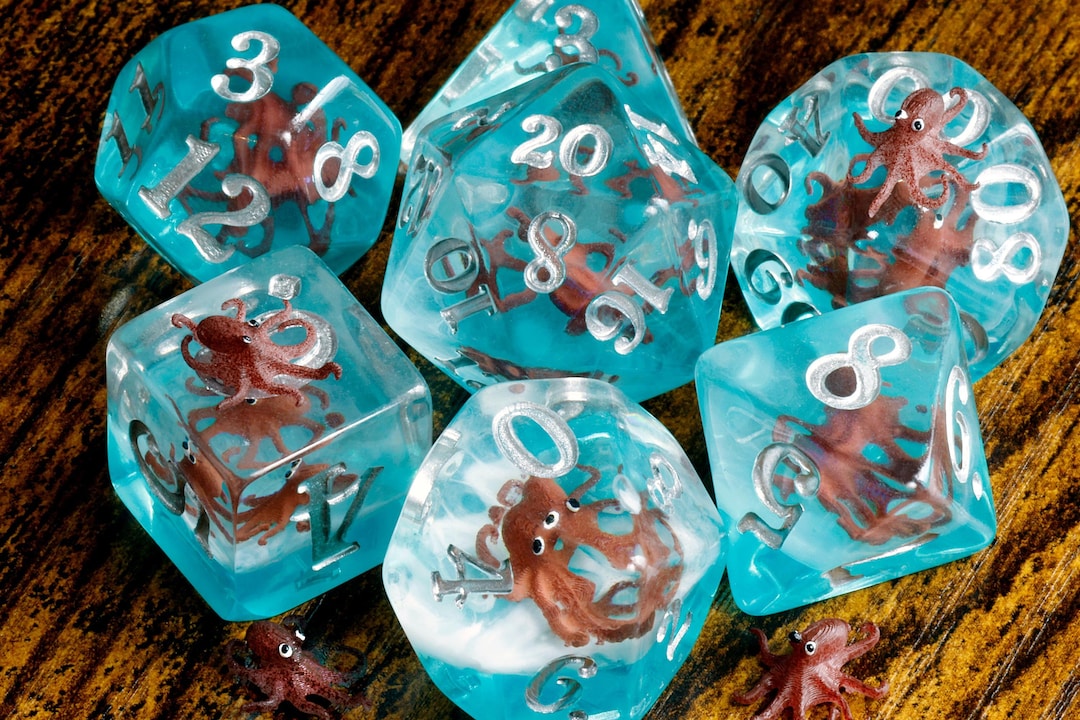 Octopus Dice Set : Polyhedral Dice With Octopus Inside on Blue Layer ...