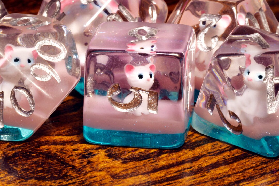 White Cat Dice Set – Cat Dice on Light Pink and Blue Glittery Layer ...