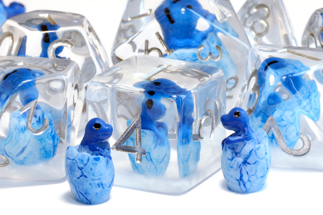 Blue Dragon Hatchling Dice Set Baby Frost Dragon Egg on White Layer of Ice, D&D Dice, Dungeons ...