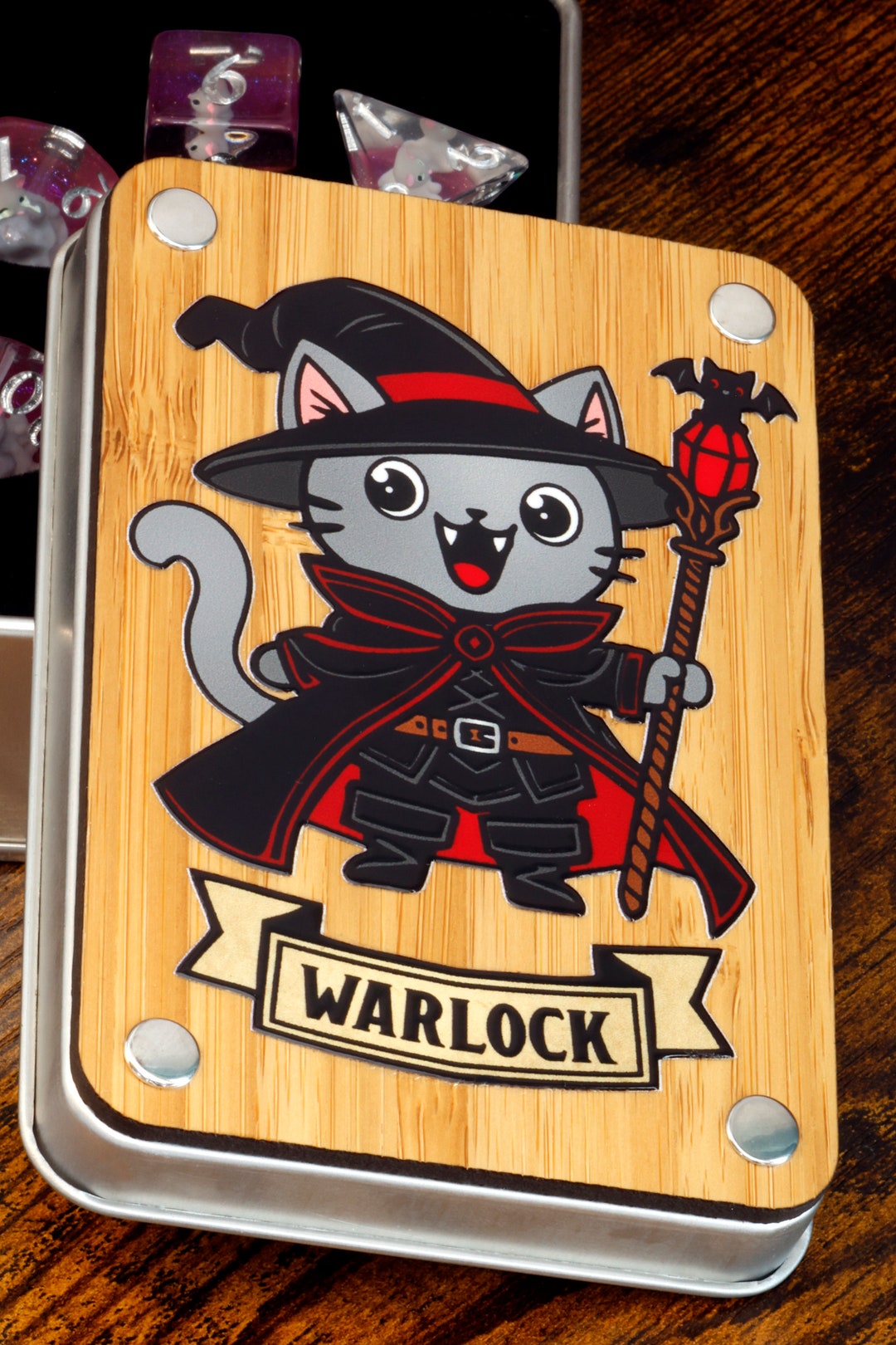 Warlock Dice Box With Light Grey Cat Dice Set - Deep Purple and Pink ...