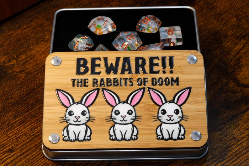 Rabbits of Doom Dice Set and Box – Small Rabbit Holding a Carrot, Fun ...