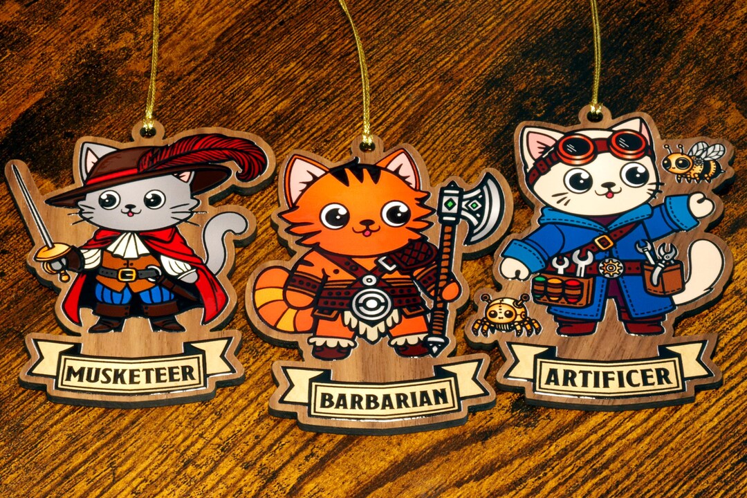 Musketeer, Barbarian and Artificer Cat Wood Ornaments, Dnd, TTRPG Home ...