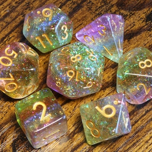 Rainbow Sparkle Dice Set Multicolored Glitter Layer , Translucent With ...