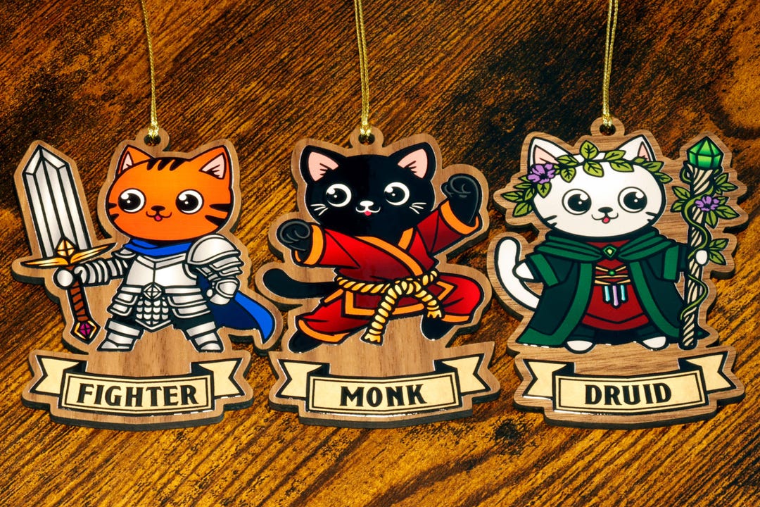 Fighter, Monk and Druid Cat Wood Ornaments, Dnd, TTRPG Home Decor ...
