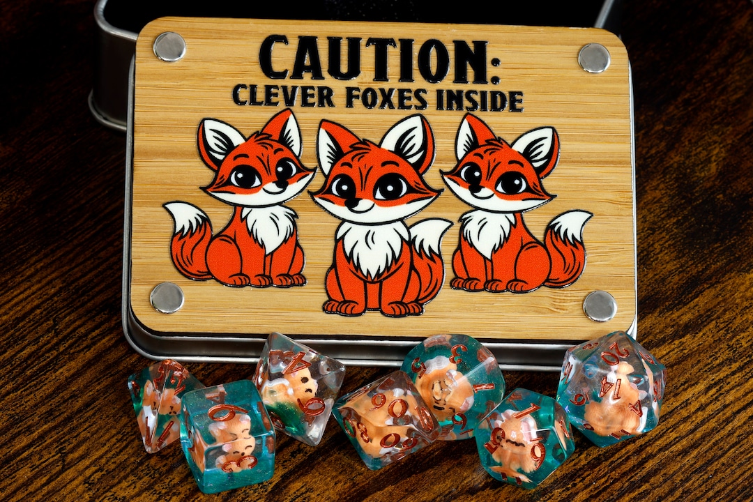 Fox Dice Set and Box Game Kit – Transparent With Red Fox Cub on a Green ...