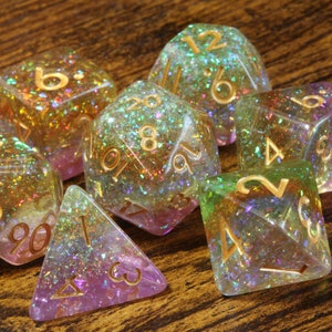 Rainbow Sparkle Dice Set Multicolored Glitter Layer , Translucent With ...