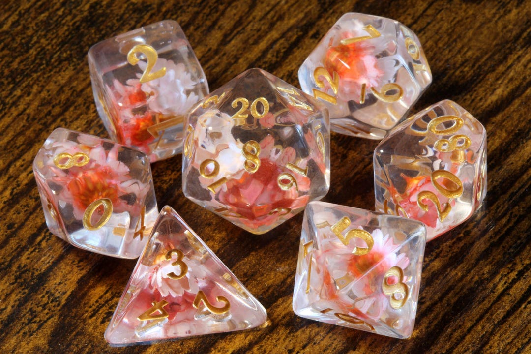 Sprite Bloom Dice Set – Pink Flowers With Golden Font, Translucent With ...