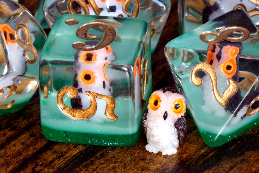 Wise Owl Dice Set: Small Owl on Green Layer Exclusive Dice for Dungeons ...
