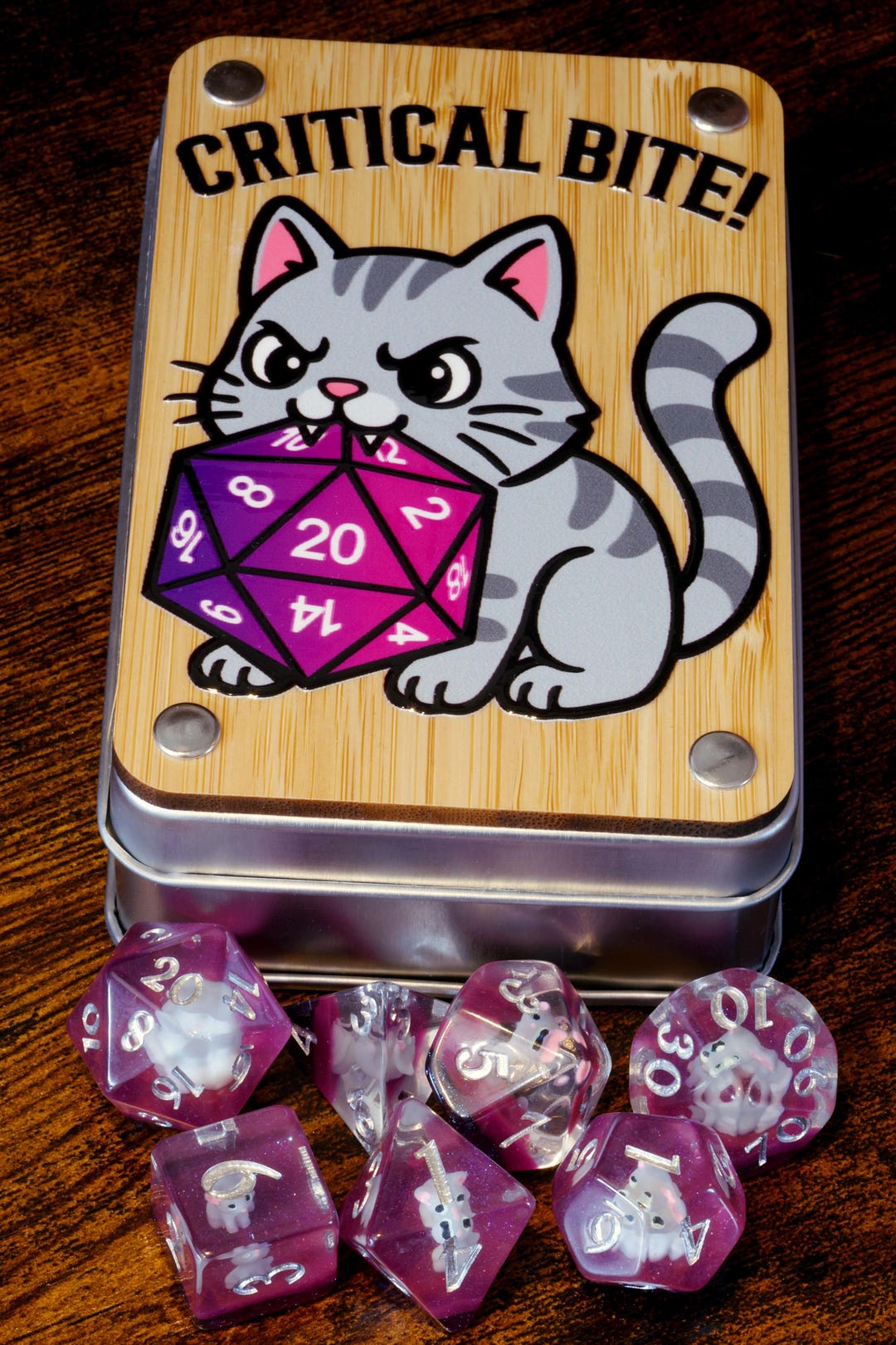Critical Bite! Dice Box With Light Grey Cat Dice Set - Deep Purple and ...
