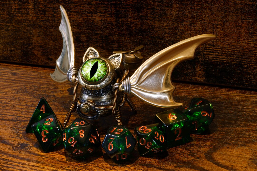 Clockwork Bat Cat Treasure Guardian With Green Eye Dice, Sculpture ...